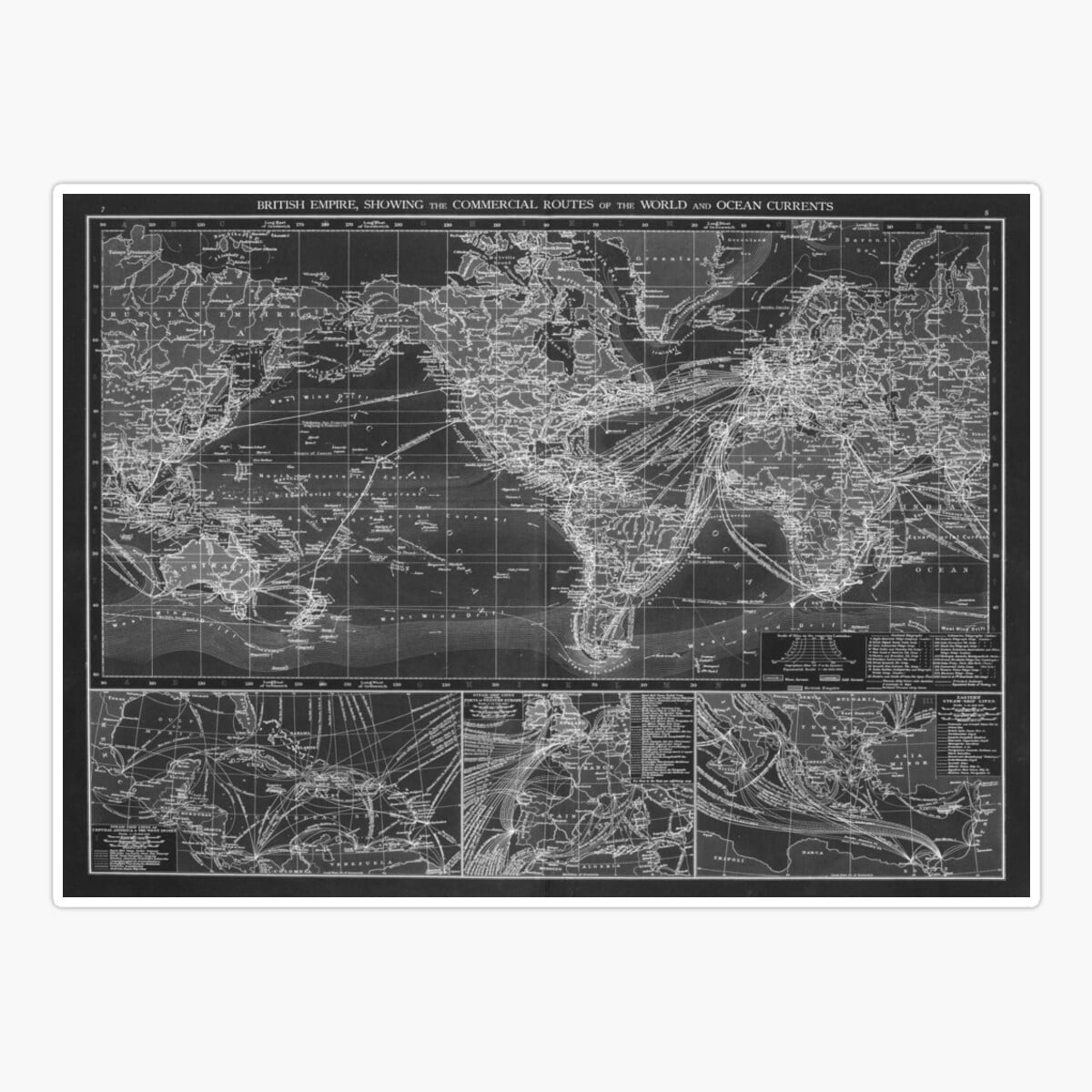 Maneki Black And White World Map (1895) Inverse 2 Sticker, Phone Decal ...