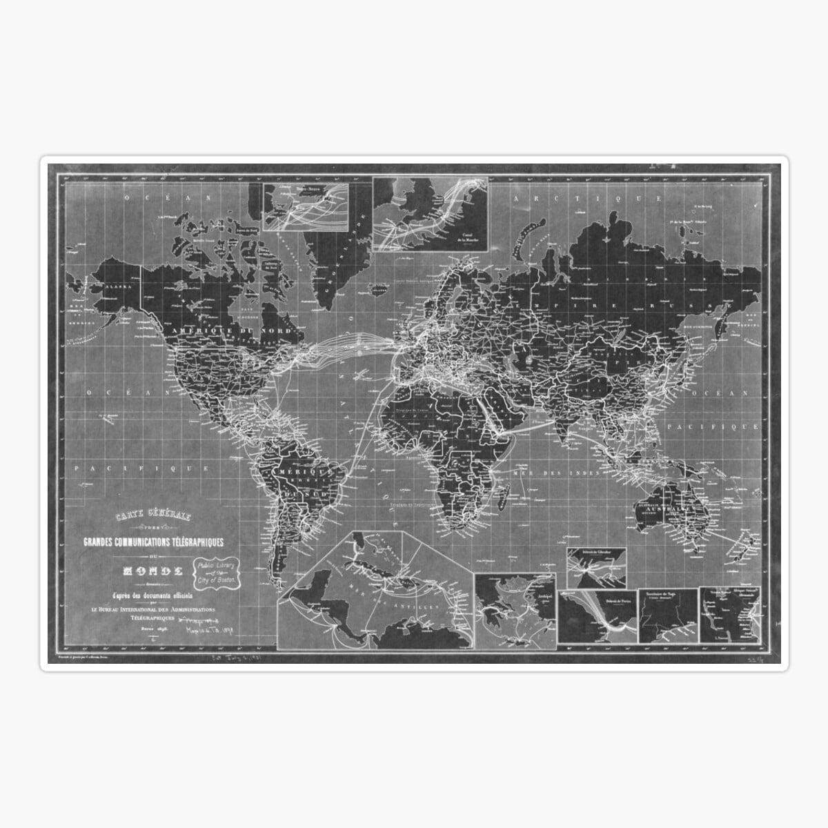 Maneki Black And White World Map (1898) Inverse Sticker, Phone Decal ...