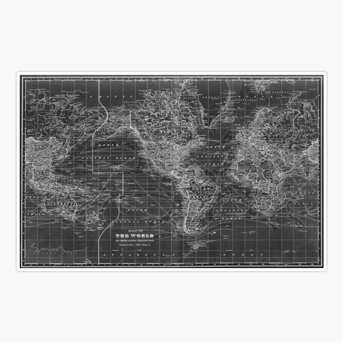 Maneki Black And White World Map (1901) Inverse 2 Sticker, Phone Decal ...
