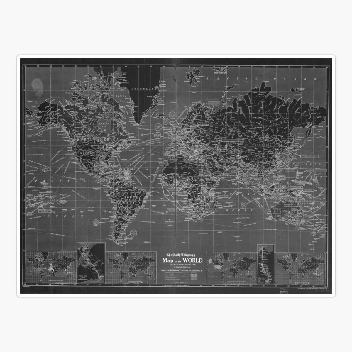 Maneki Black And White World Map (1918) Inverse Sticker, Phone Decal ...