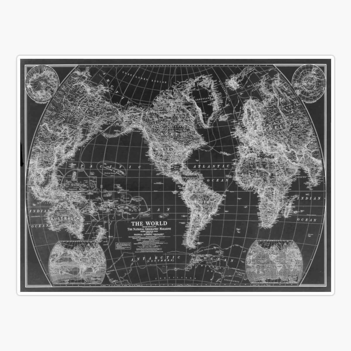 Maneki Black And White World Map (1922) Inverse Sticker, Phone Decal ...
