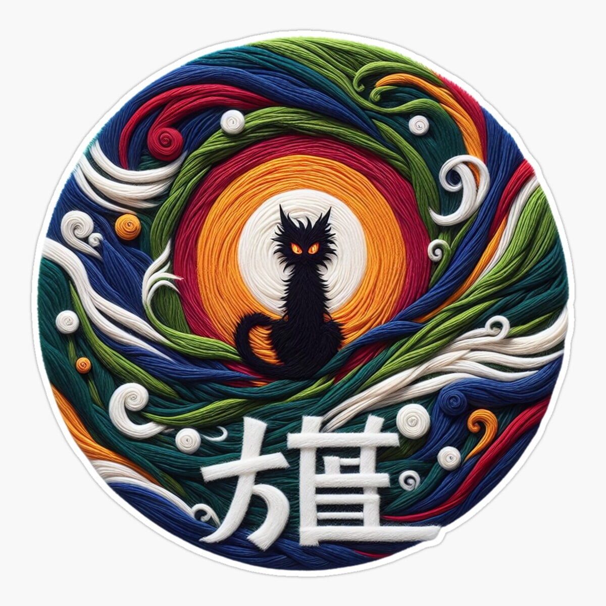 Maneki Black Cat Embroidery Wool Art With Sinister Gaze And Japanese ...