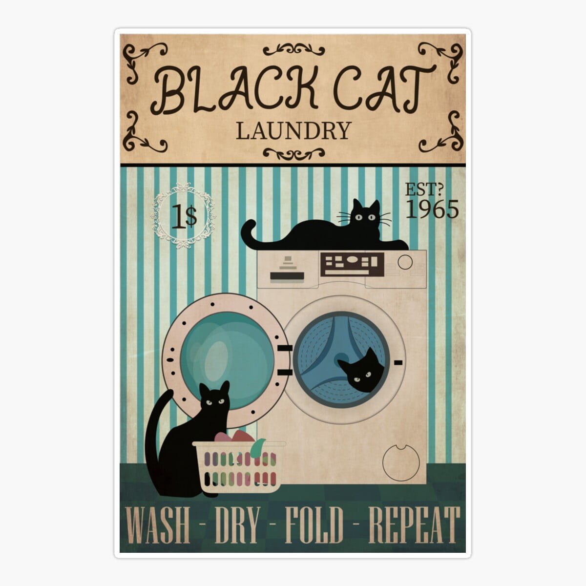 Maneki Black Cat Laundry Wash Dry Fold Repeat Er, Phone Decal Water ...