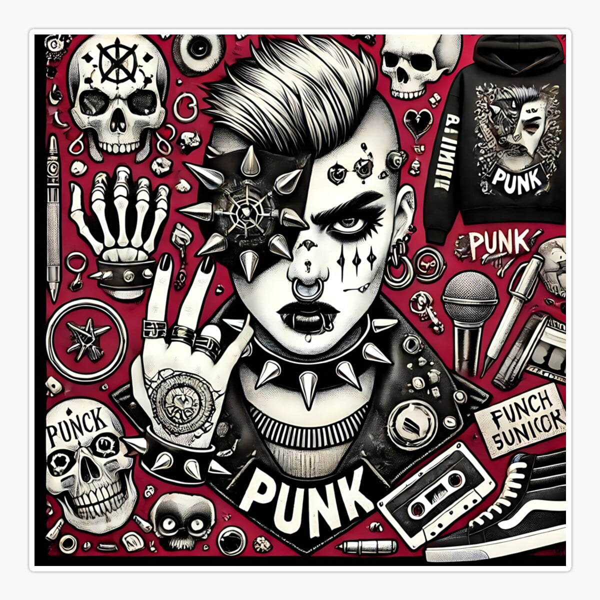 Maneki Bold Punk Rock Collage With Skulls, Spikes, And Music Icons On A ...