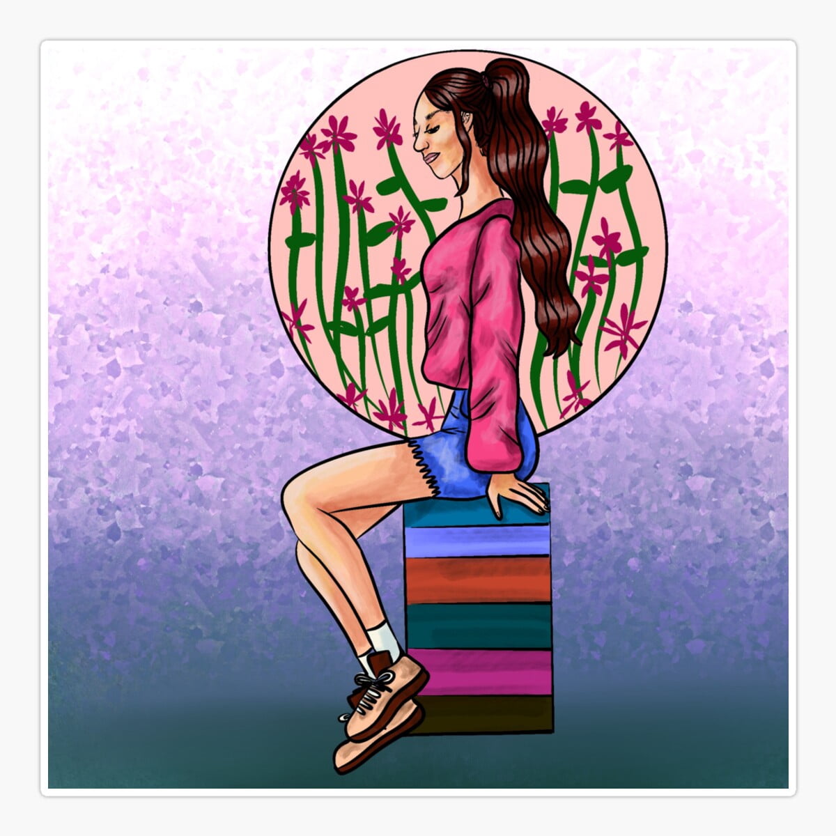 Maneki Bookslover Girl Sitting On A Book Stack Sticker, Phone Decal ...