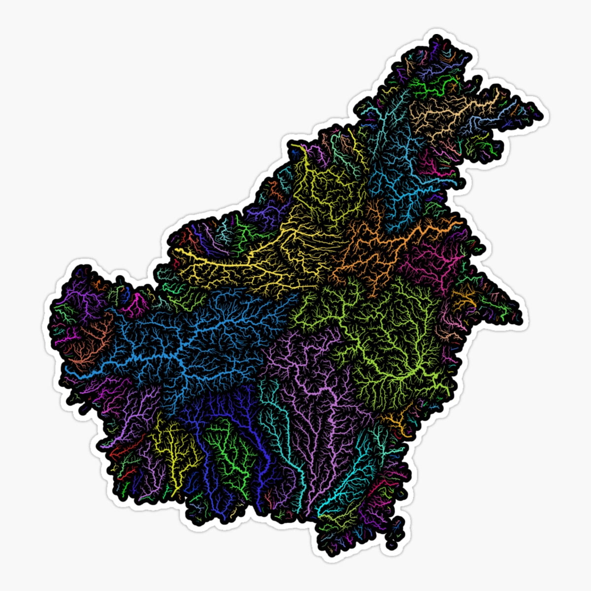 Maneki Borneo River Basin Map In Rainbow Colours With Black Background ...