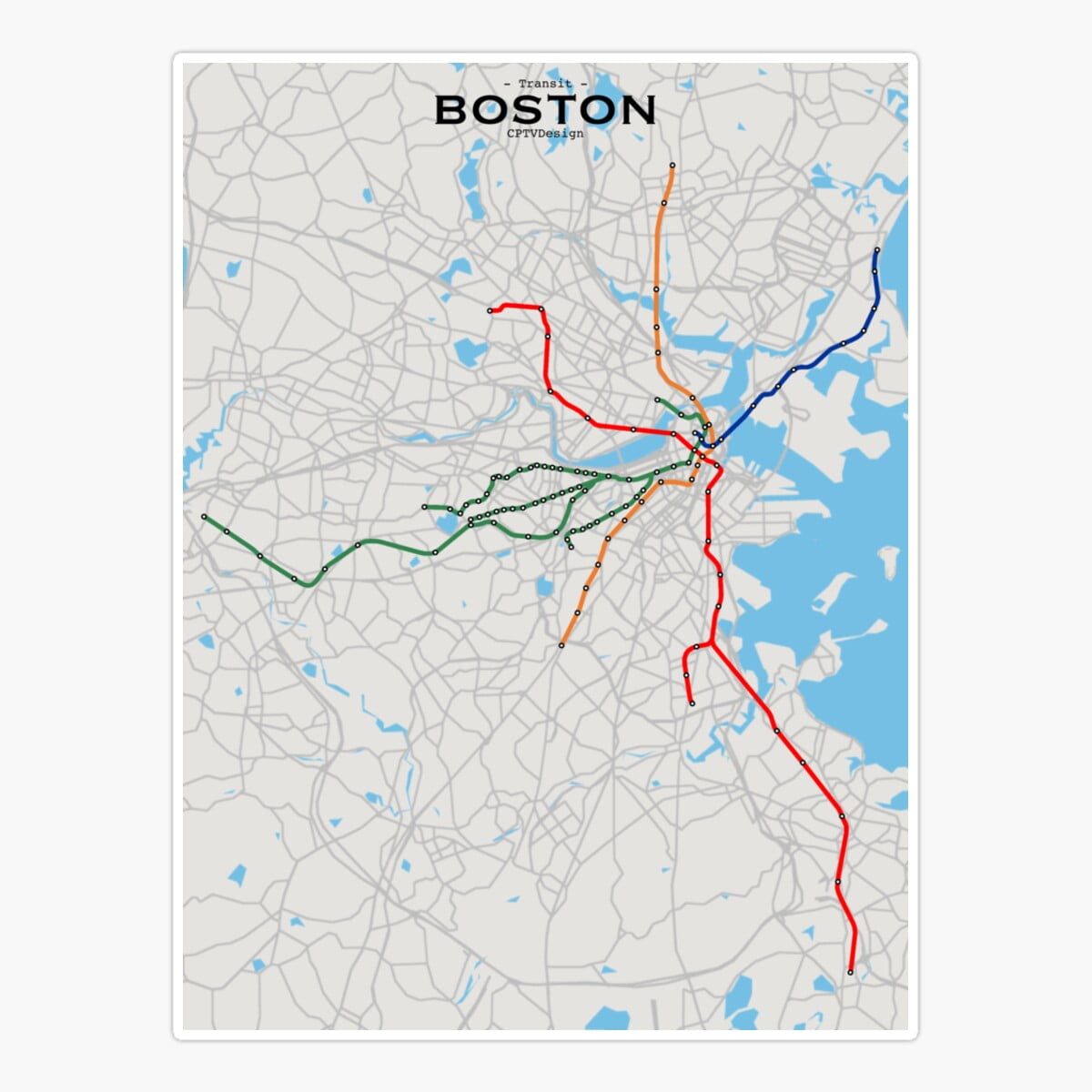 Maneki Boston Transit Map Sticker, Phone Decal Water Bottle Stickers ...