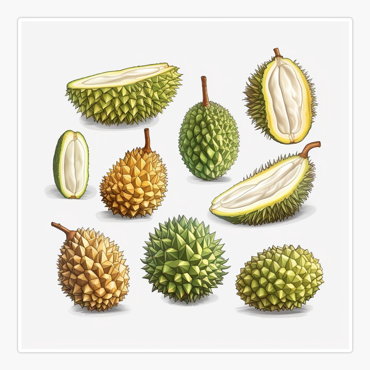 Maneki Botanical Illustration Of Durian Fruits In Multiple Angles Er ...