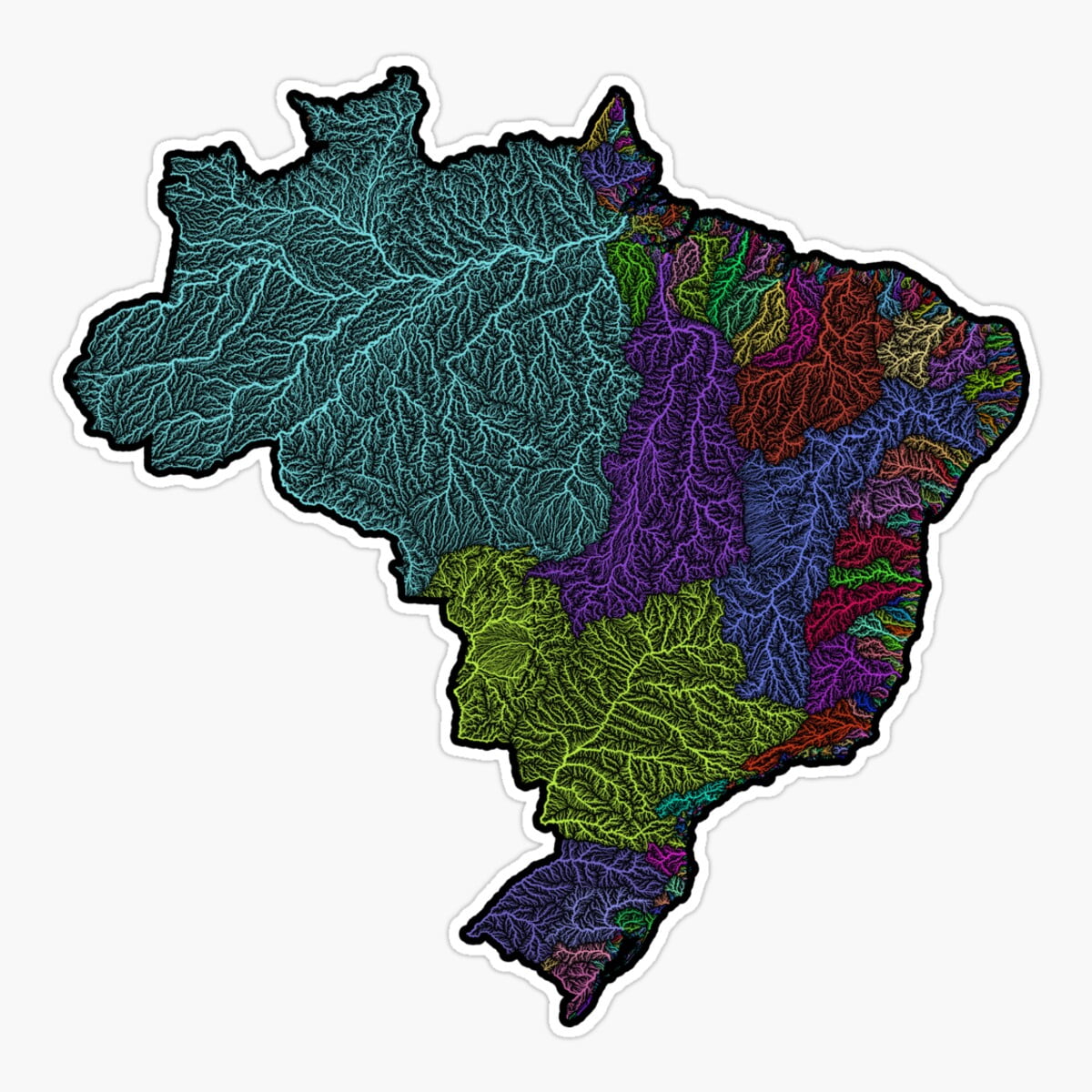 Maneki Brazil River Basin Map In Rainbow Colours With Black Background ...