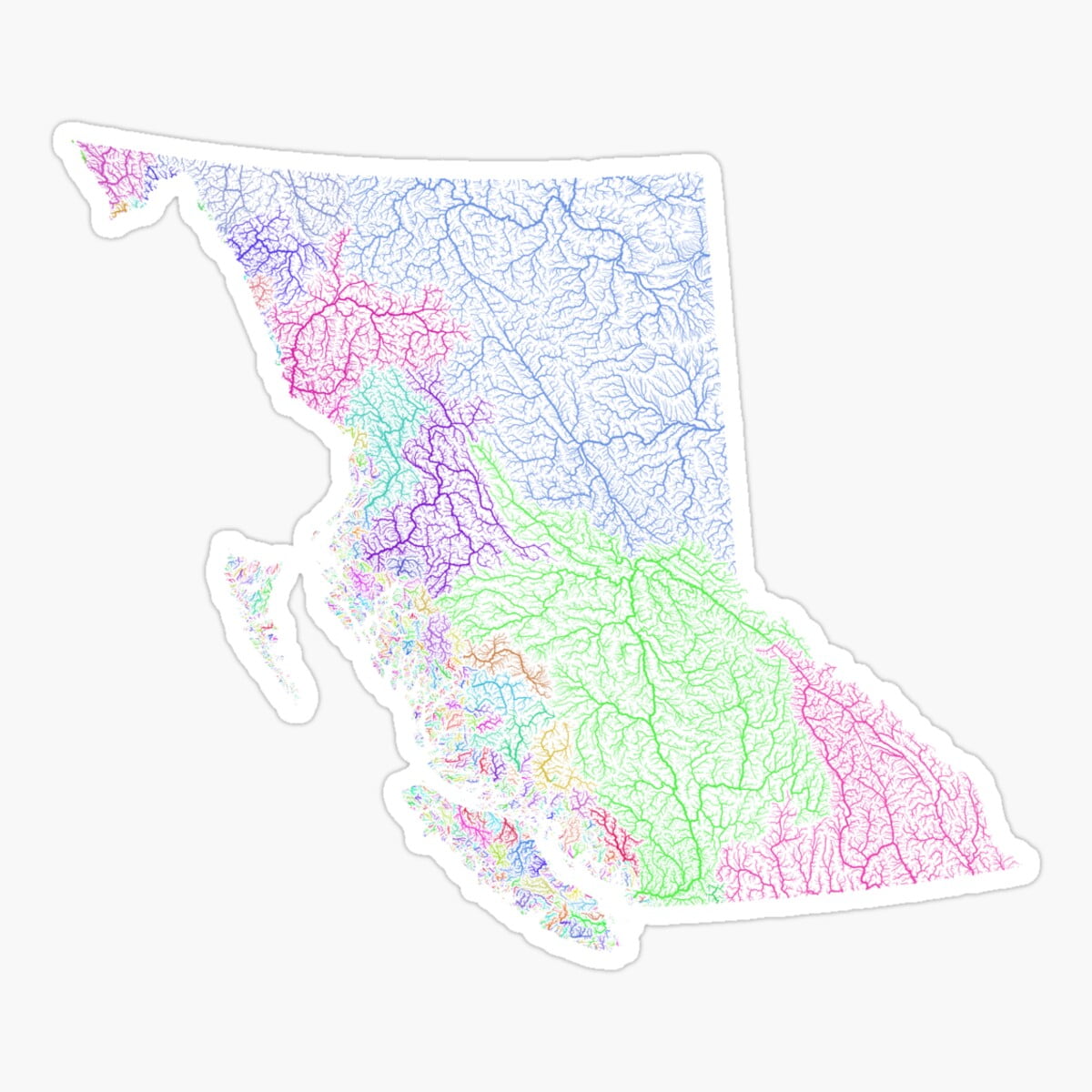Maneki British Columbia River Basin Map In Rainbow Colours With White ...