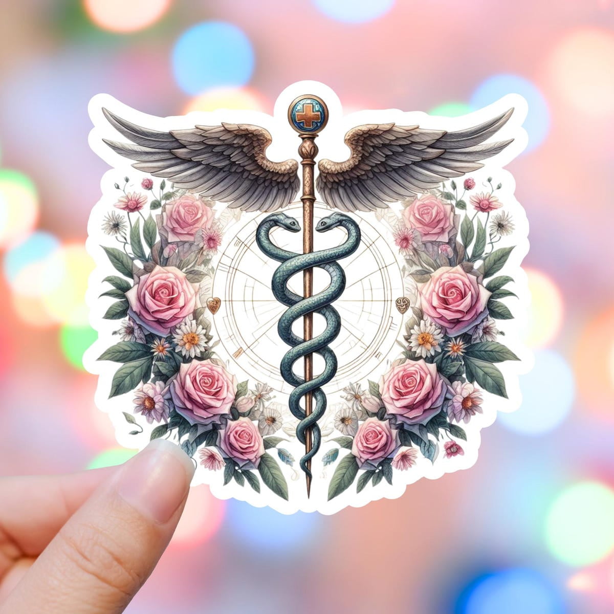 Maneki Caduceus Sticker, Floral Nurse Sticker, Nurse Day Gift, Medical Symbol Decal, Nurse ...