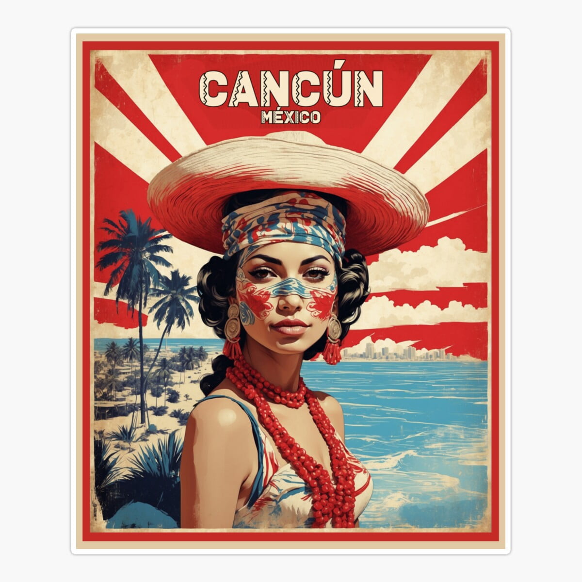 Maneki Cancun Mexico Vintage Poster 2 Sticker, Phone Decal Water Bottle ...