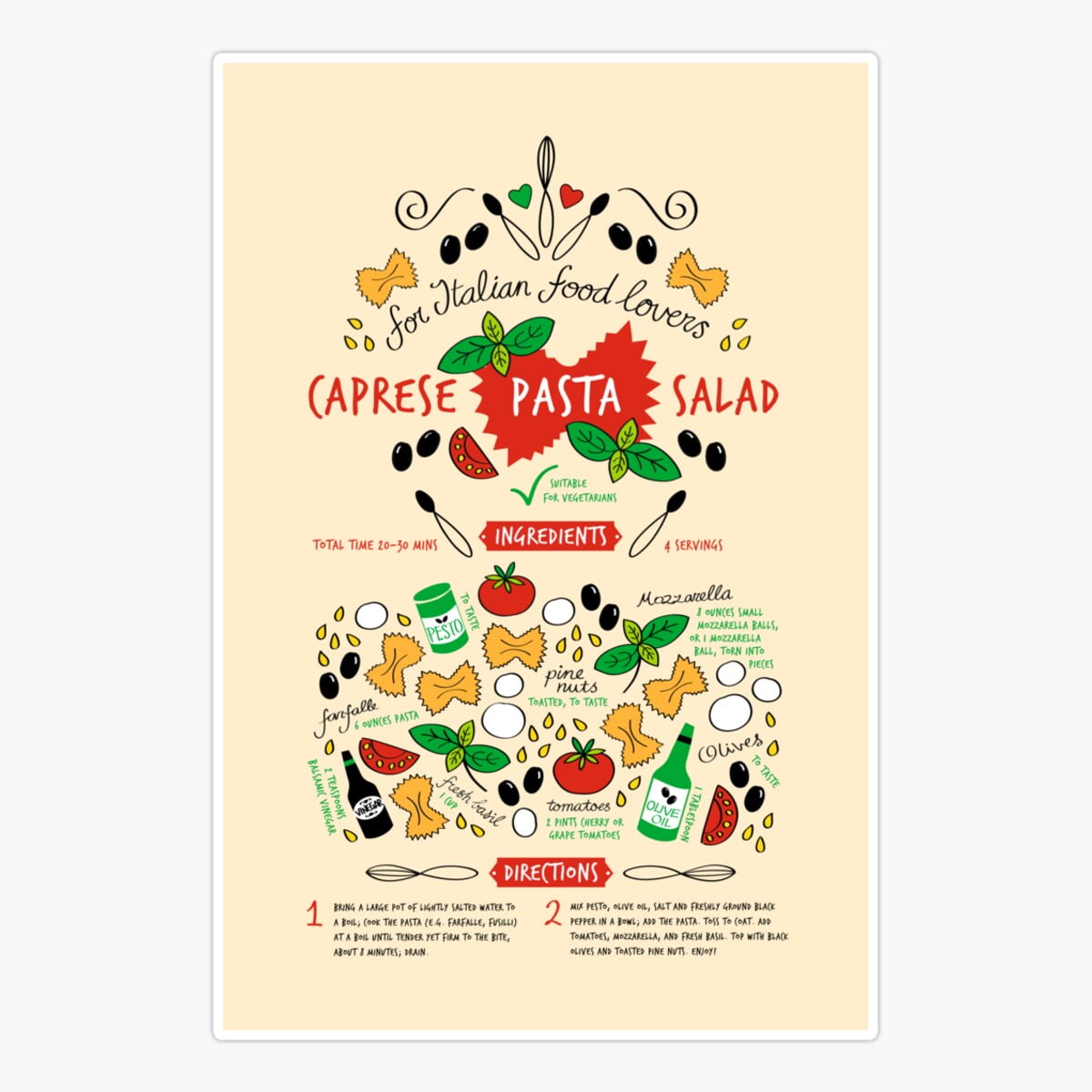 Maneki Caprese Pasta Salad Recipe Sticker, Phone Decal Water Bottle ...