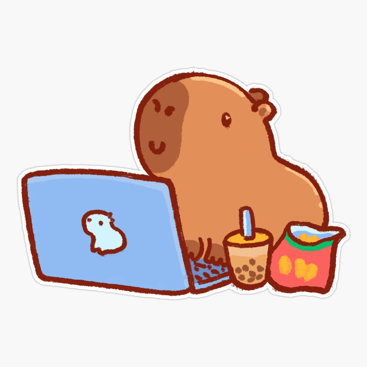 Maneki Capybara On A Laptop With Snacks And Drink, Chilling Like A ...