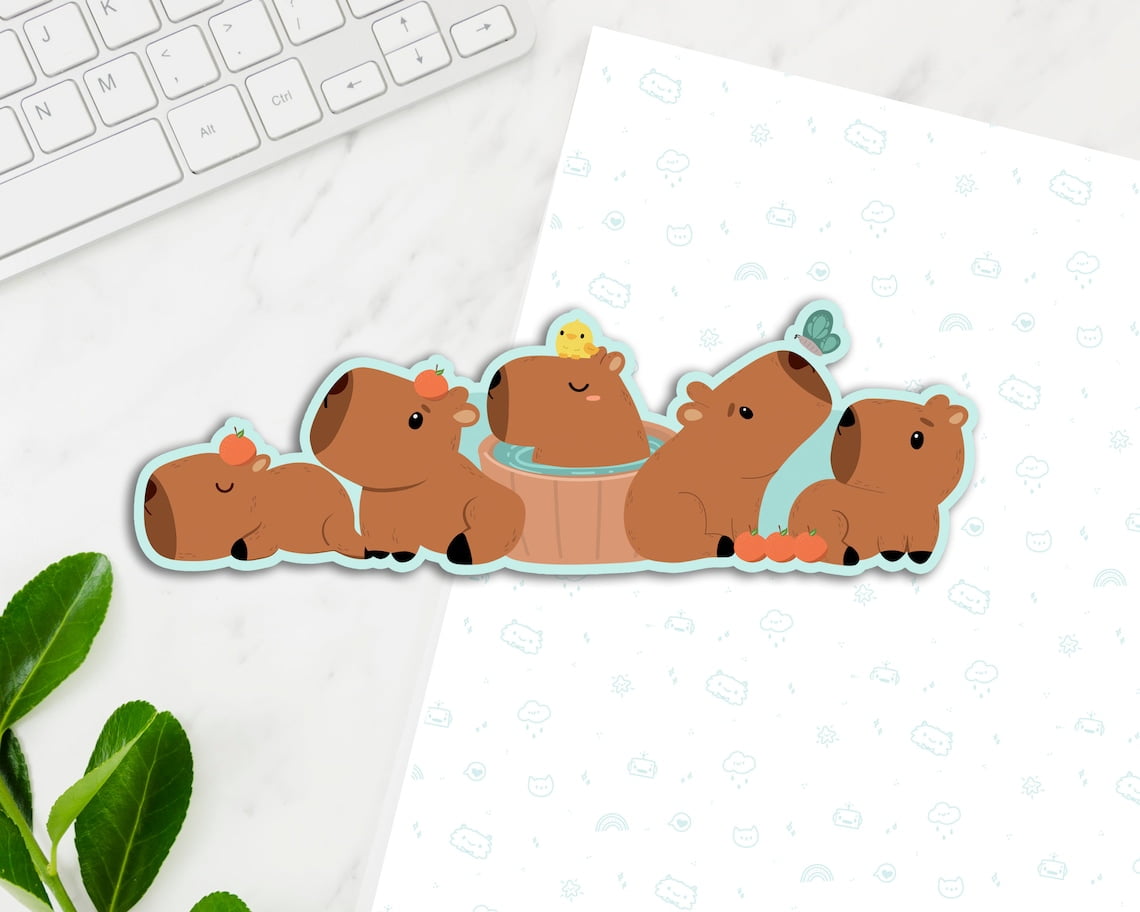 Maneki Capybaras Long Vinyl Er, Cute Capybara Er, Kawaii Decal, Laptop ...