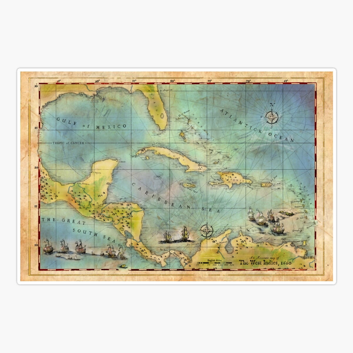 Maneki Caribbean Pirate + Treasure Map 1660 Sticker, Phone Decal Water ...