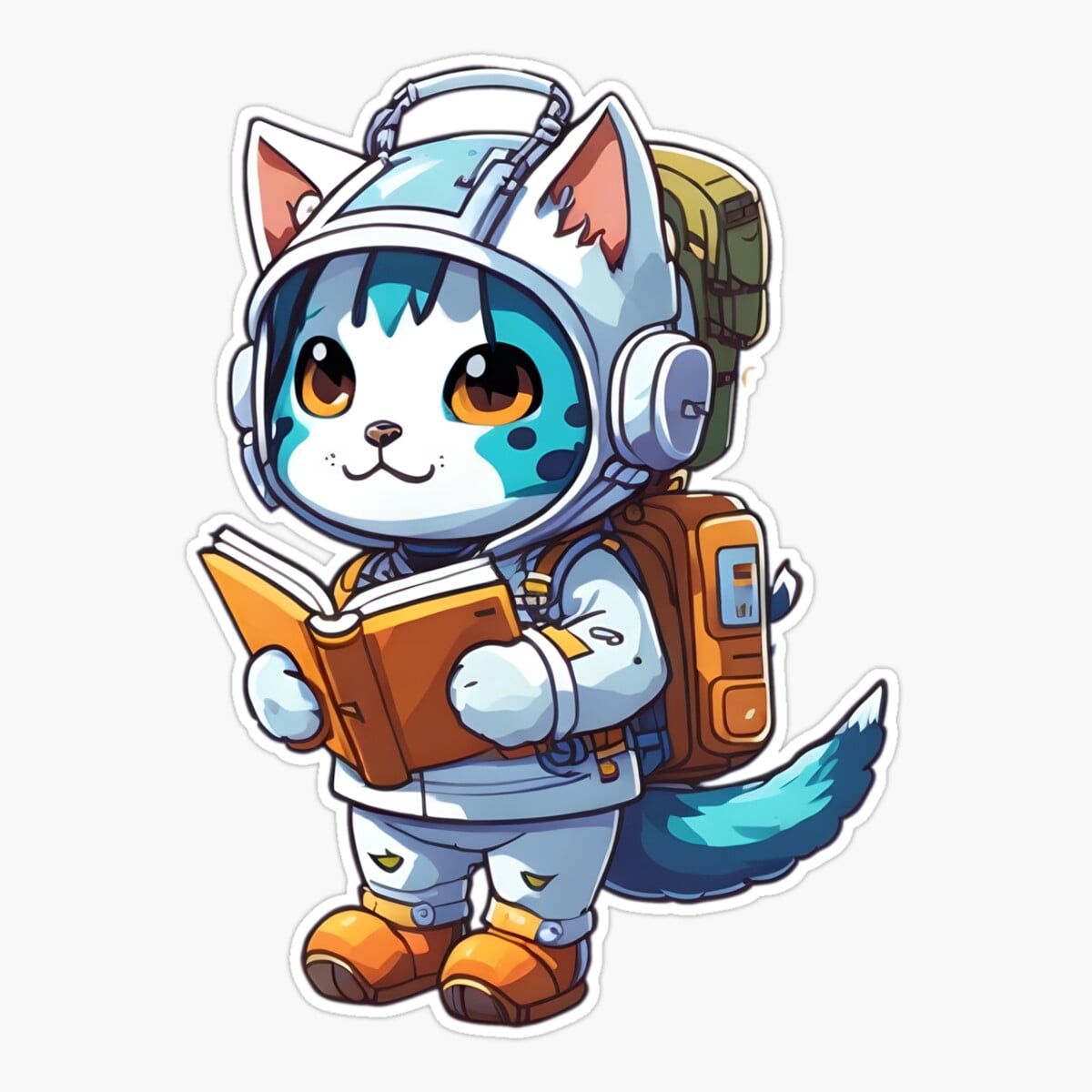 Maneki Cartoon Astronaut Cat Reading Book Sticker, Phone Decal Water ...