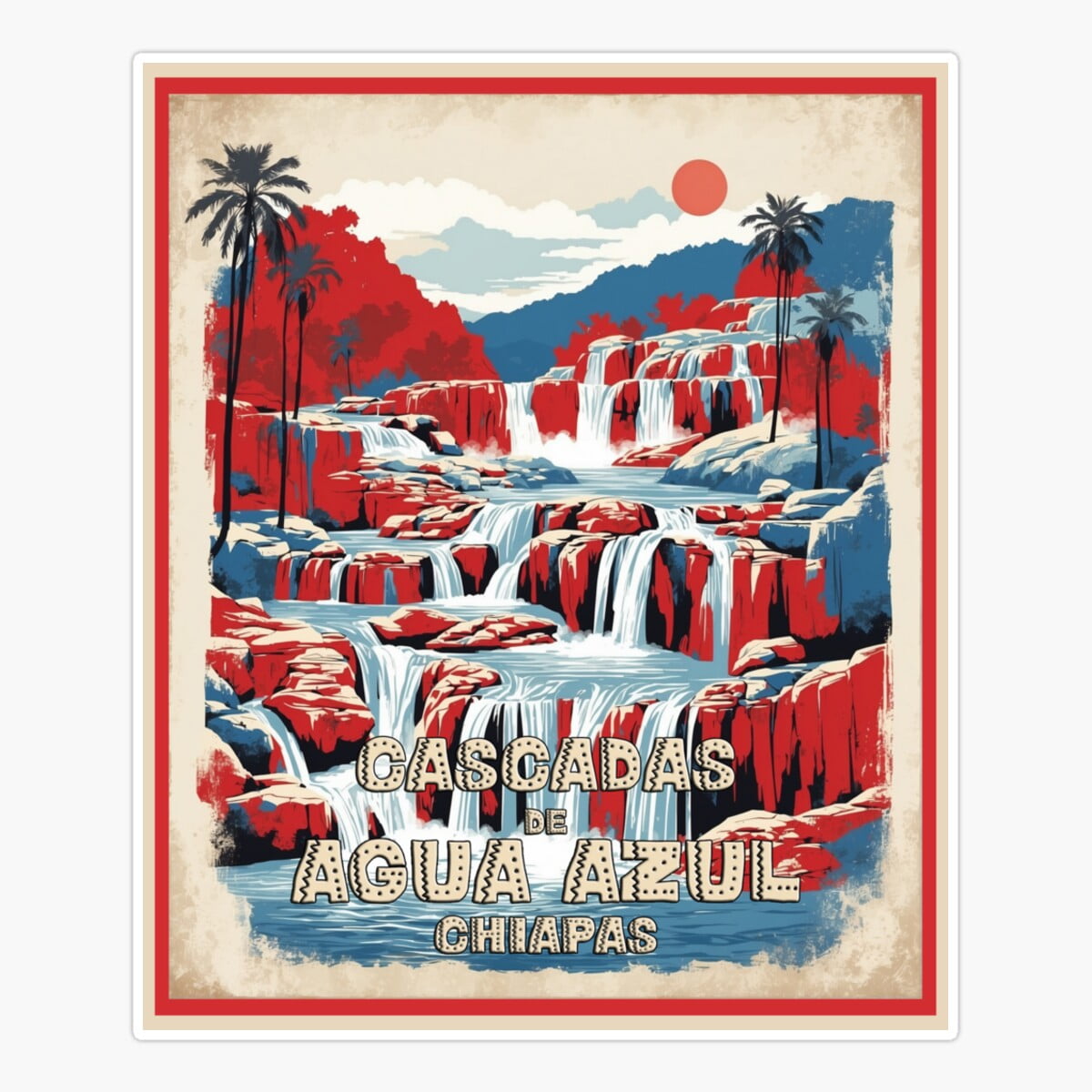 Maneki Cascadas De Agua Azul Chiapas Mexico Vintage Poster Sticker ...