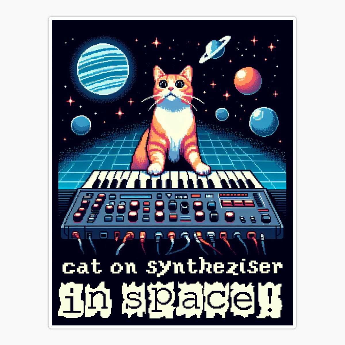 Maneki Cat On Synthesizer In Space Pixel Art Sticker, Phone Decal Water ...
