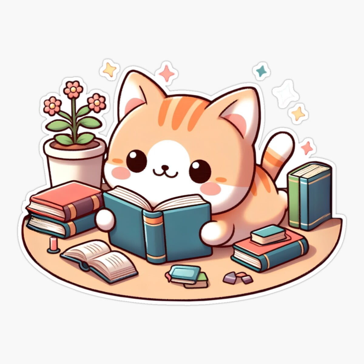 Maneki Cat Reading Books Sticker, Phone Decal Water Bottle Stickers Car ...