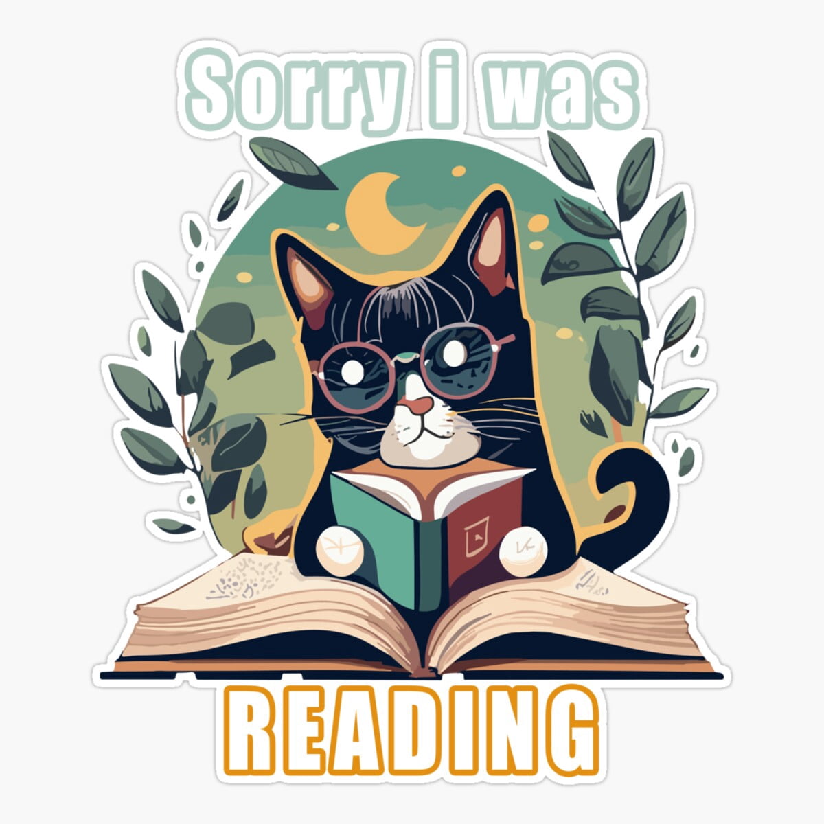 Maneki Cat Reading Under The Moonlight Black. Sticker, Phone Decal ...