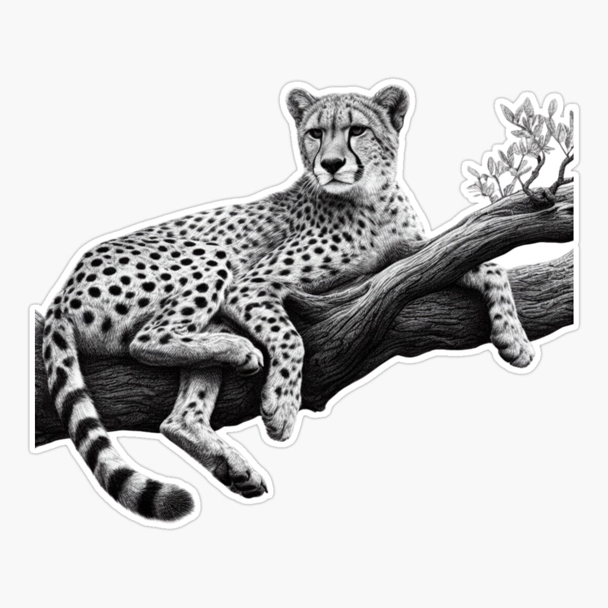 Maneki Cheetah In Tree Drawing, Black And White Wildlife Art Er, Phone ...