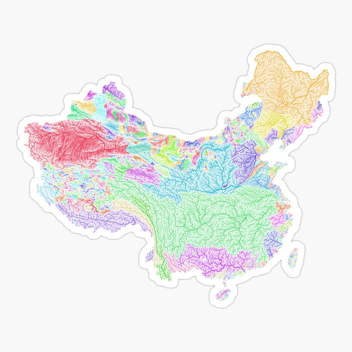 Maneki China And Taiwan River Basin Map In Rainbow Colours With White ...