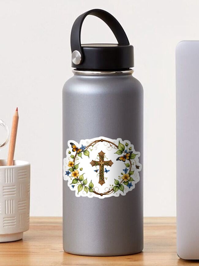 Maneki Christian Cross Design Erflies Vines Flowers Sticker, Phone ...