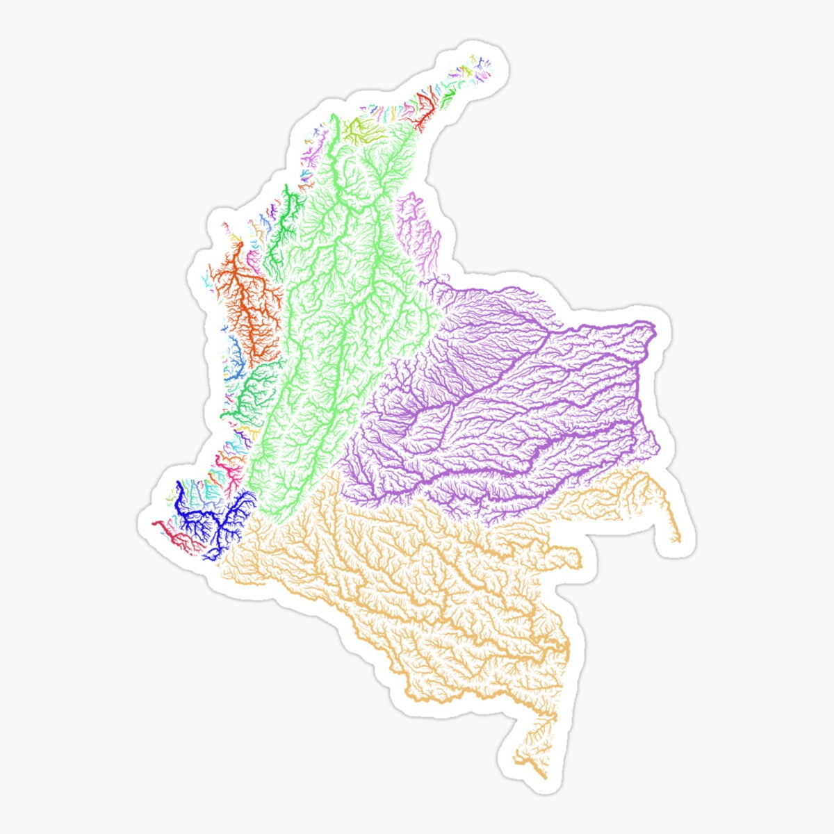 Maneki Colombia River Basin Map In Rainbow Colours With White ...