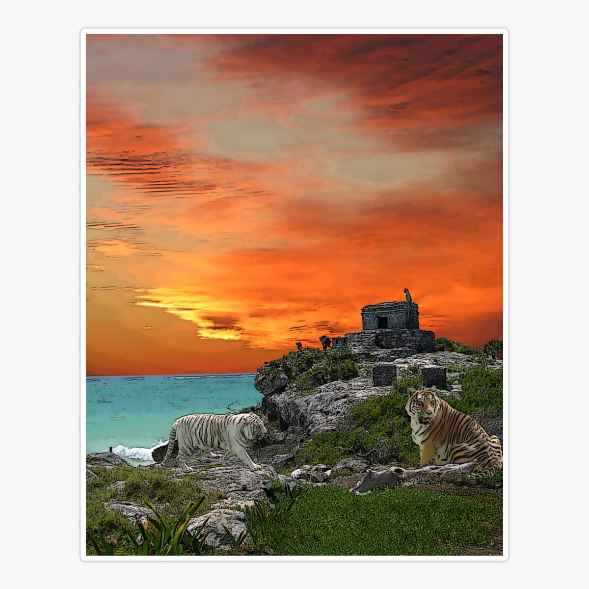 Maneki Colorul Sunset With Tigers Overlooking Mayan Ruins And The Gul O ...