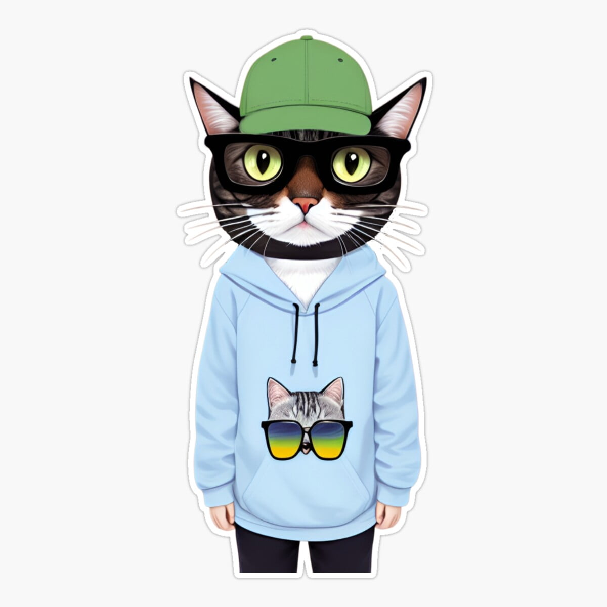 Maneki Cool Hipster Style Cat Wearing Gles , Cap And Hoody Sticker ...