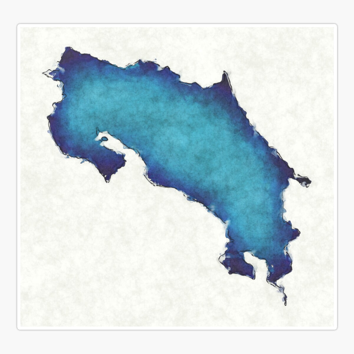 Maneki Costa Rica Map With Drawn Lines And Blue Watercolor Illustration ...