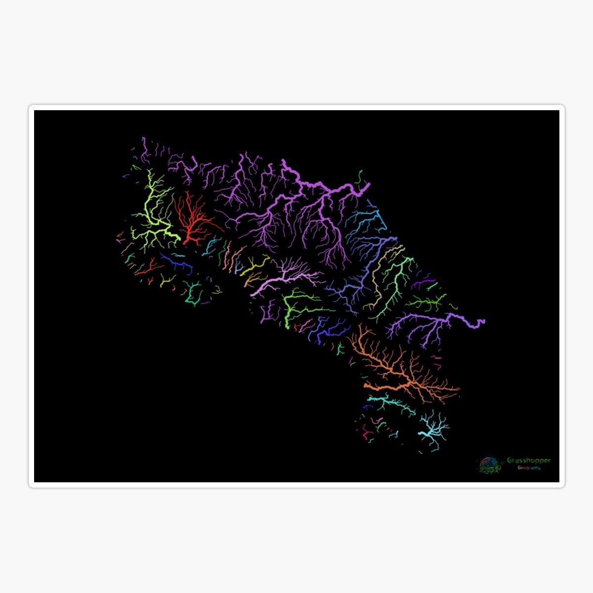 Maneki Costa Rica River Basin Map In Rainbow Colours With Black ...