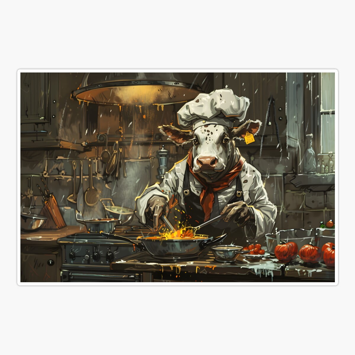 Maneki Cow Che Prepares Dish In Rustic Kitchen Setting. Sticker, Phone ...