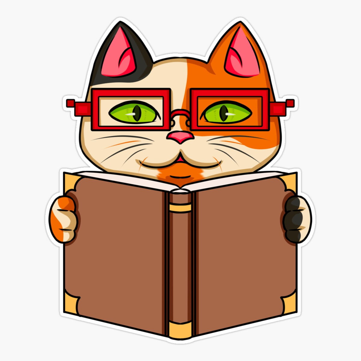 Maneki Cute Bookworm Cat With Gles Sticker, Phone Decal Water Bottle ...