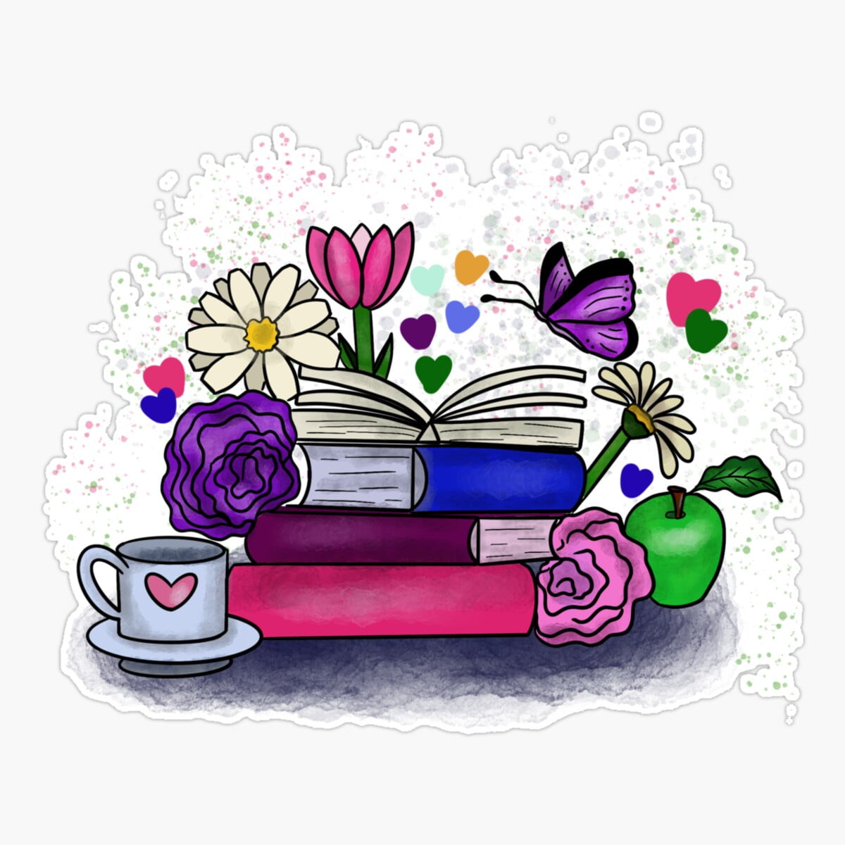 Maneki Cute Garden On A Book Stack Sticker, Phone Decal Water Bottle ...