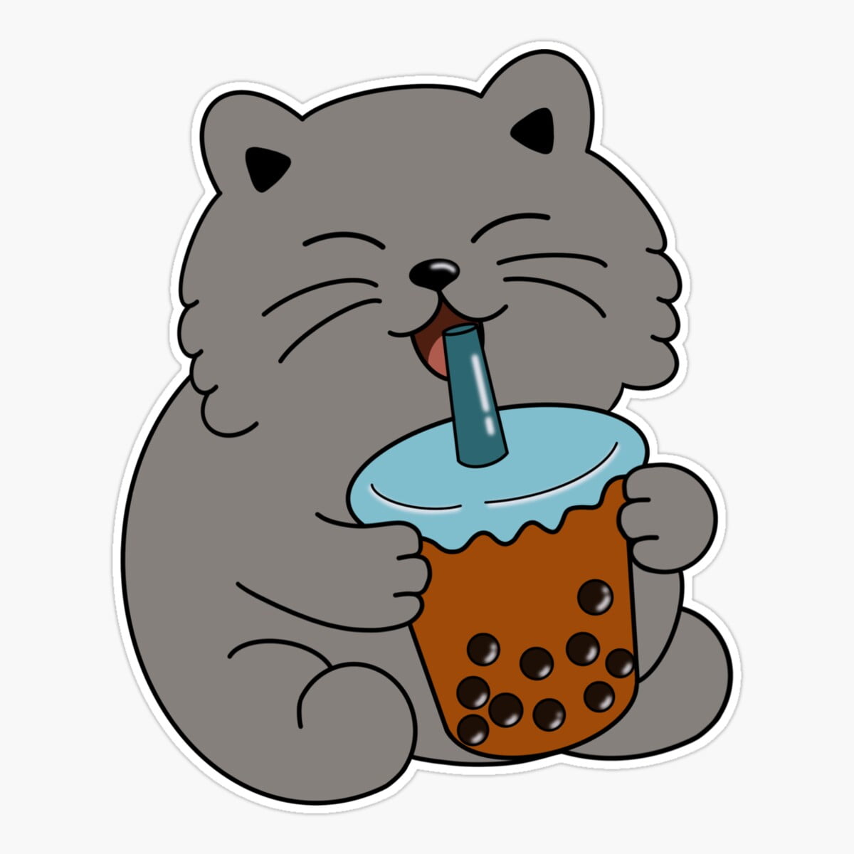 Maneki Very Cute Gray Cat With Boba Tea, Cat Lovers, Boba Lovers, Blue ...
