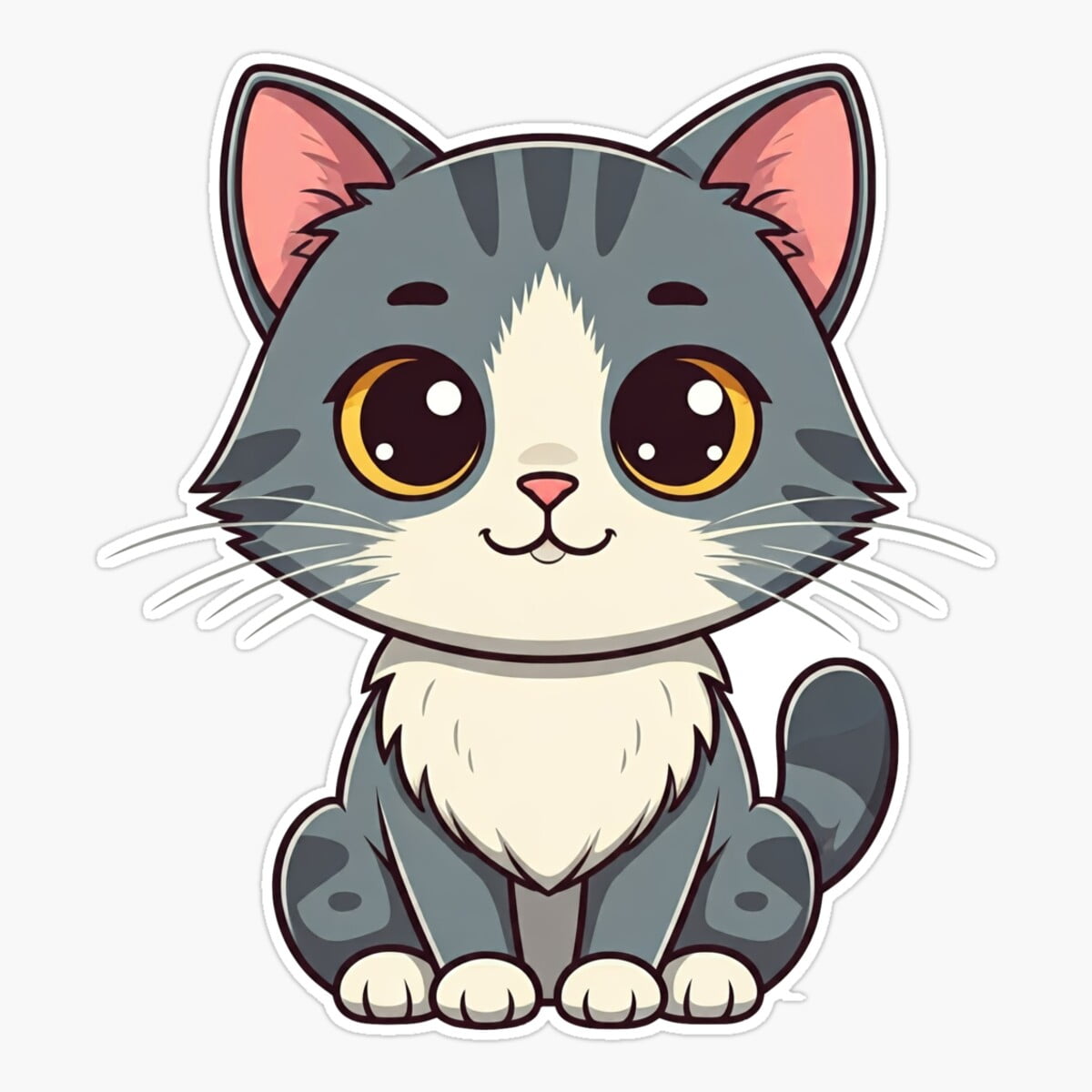 Maneki Cute Gray White Cat Kitten Cartoon Caricature Sticker, Phone ...