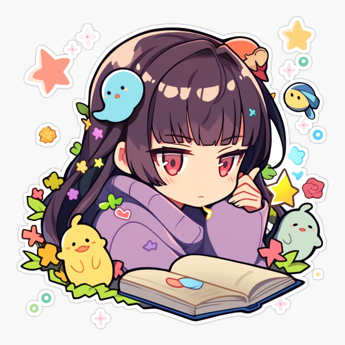 Maneki Cute Kawaii Girl Reading A Book Sticker, Phone Decal Water ...