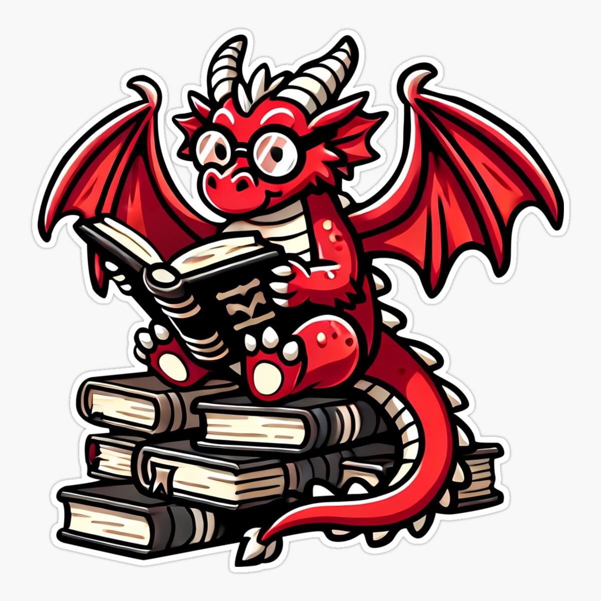 Maneki Cute Red Dragon Reading Books Sticker, Phone Decal Water Bottle ...