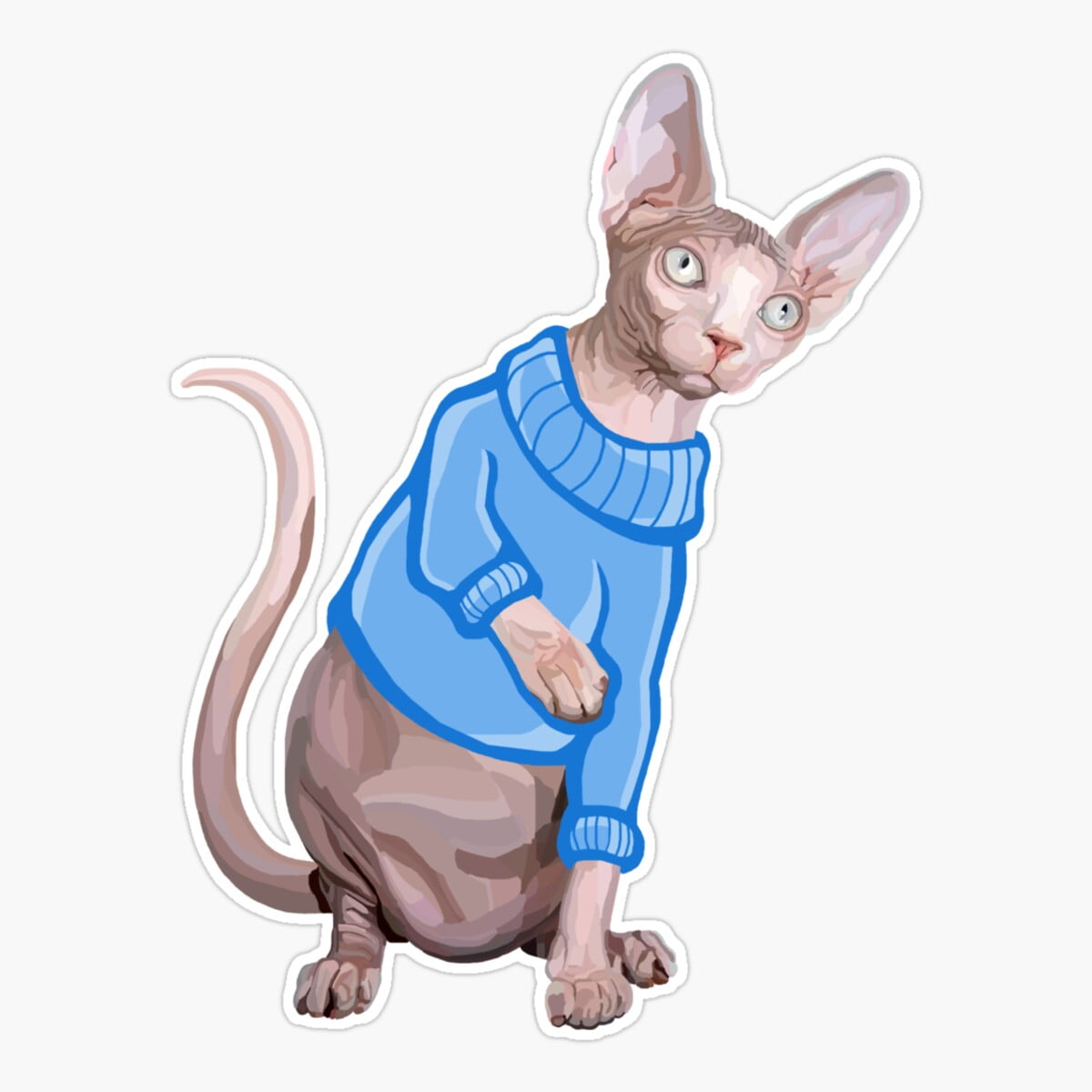 Maneki Cute Sphynx Cat With Blue Knit Sweater Sticker, Phone Decal ...