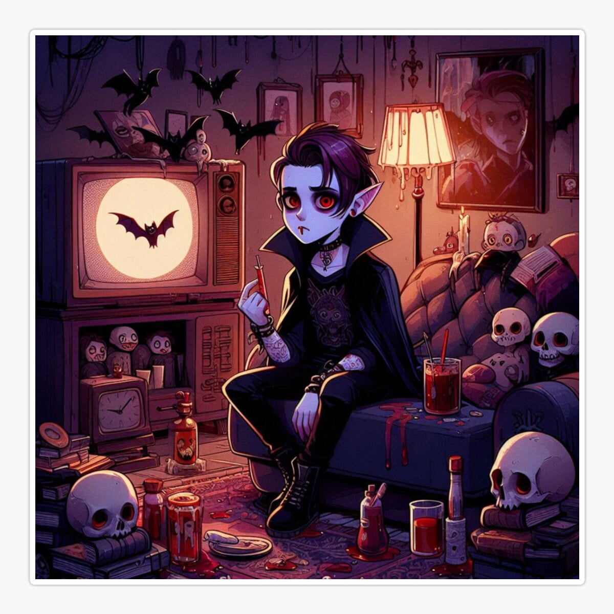 Maneki Cute Teenage Vampire With Red Eyes Er, Phone Decal Water Bottle ...