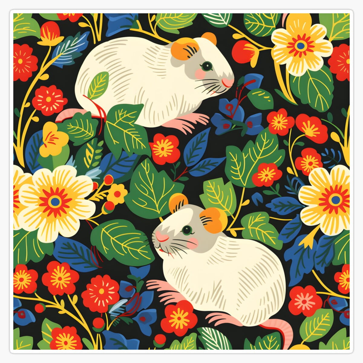 Maneki Cute White Hamsters And Colourful Flowers Contemporary Pattern ...