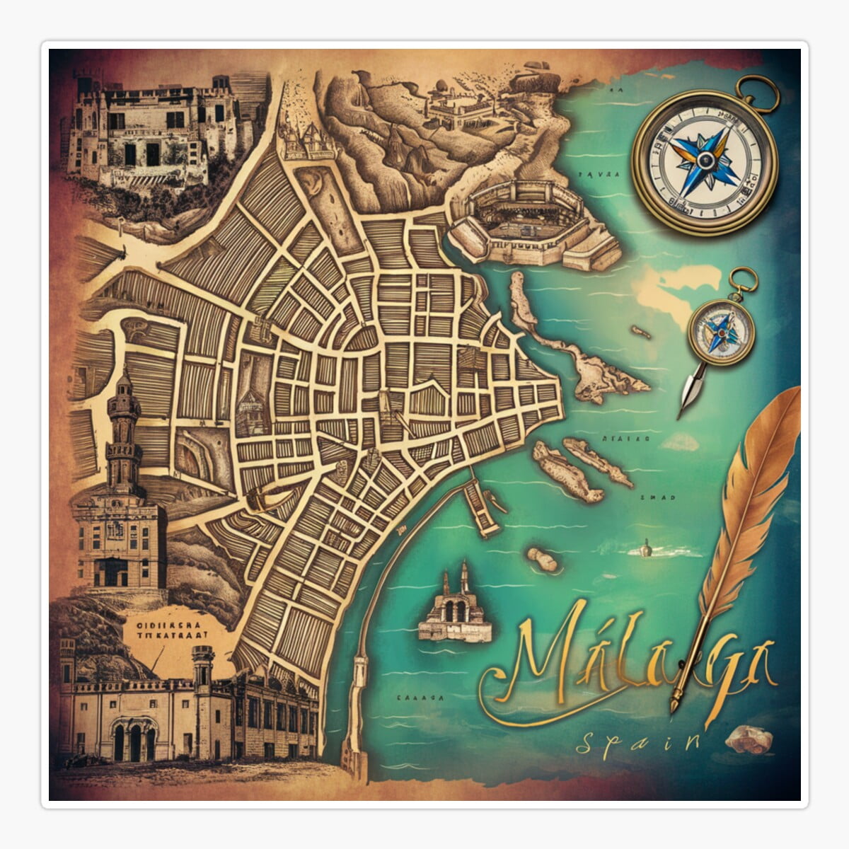 Maneki Detailed Cartographic Map O Malaga Sticker, Phone Decal Water ...
