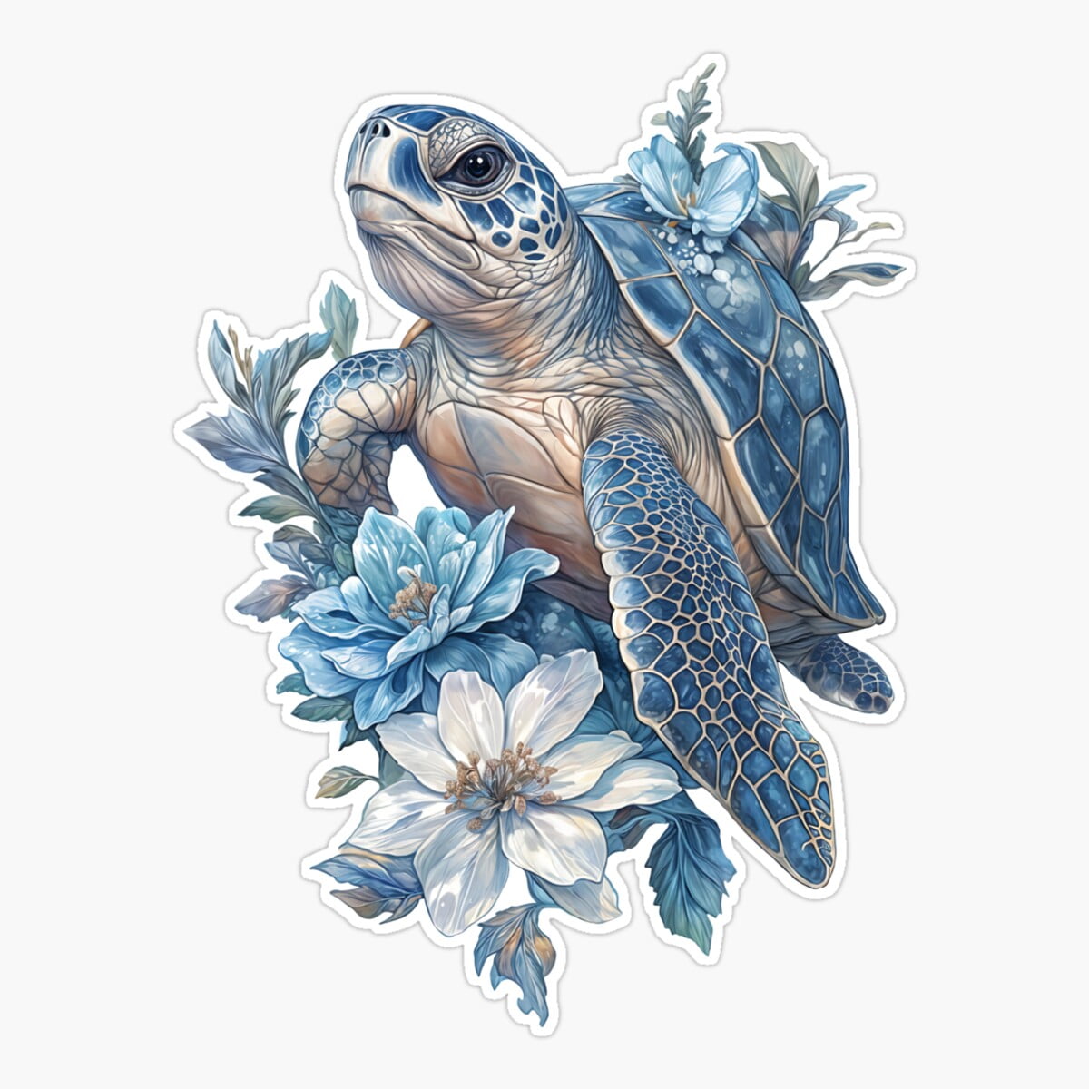 Maneki Detailed Illustration Oa Sea Turtle Surrounded By Blue Flowers ...