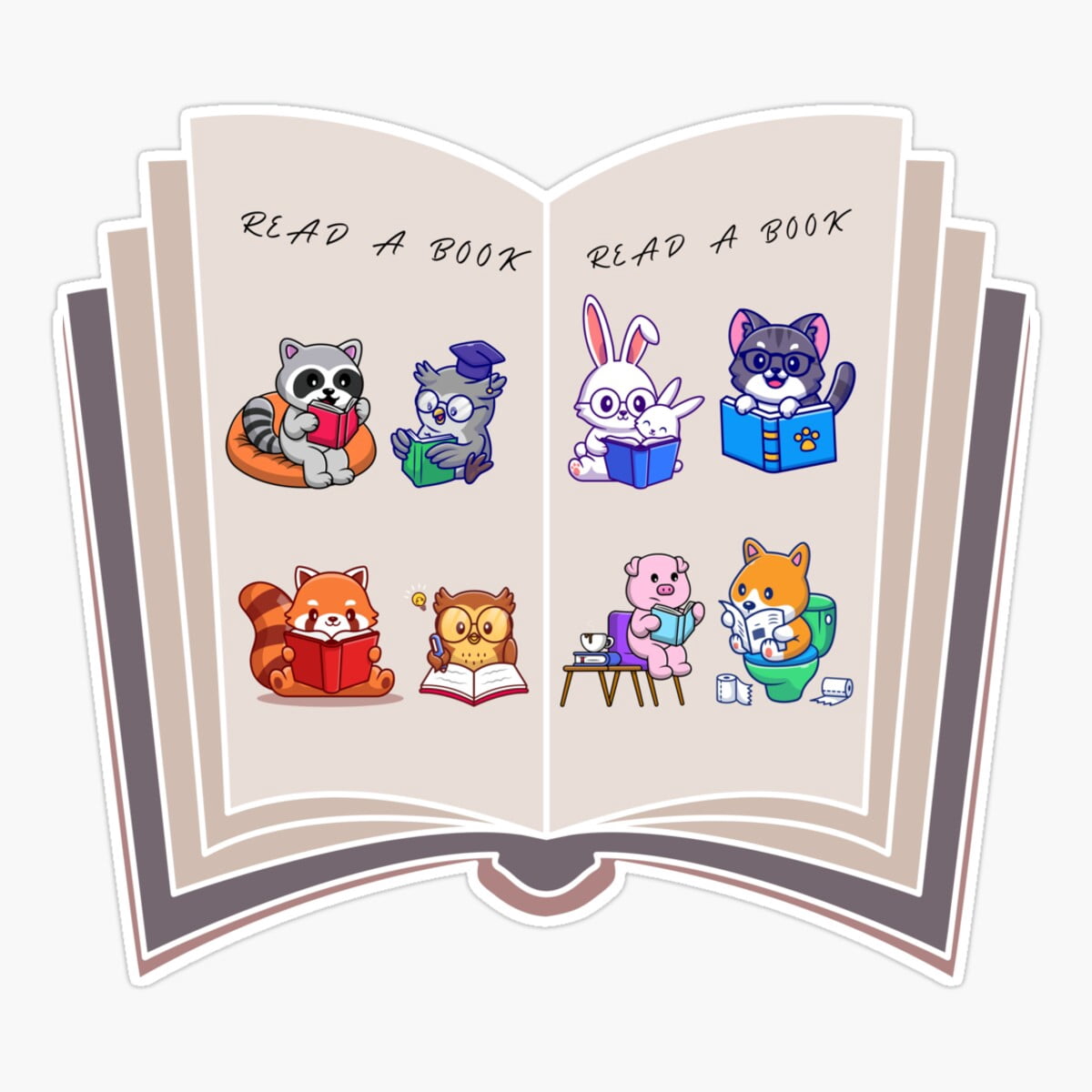Maneki Dog, Cat, Bird, Pig, Rabbit Reading A Book Sticker, Phone Decal ...
