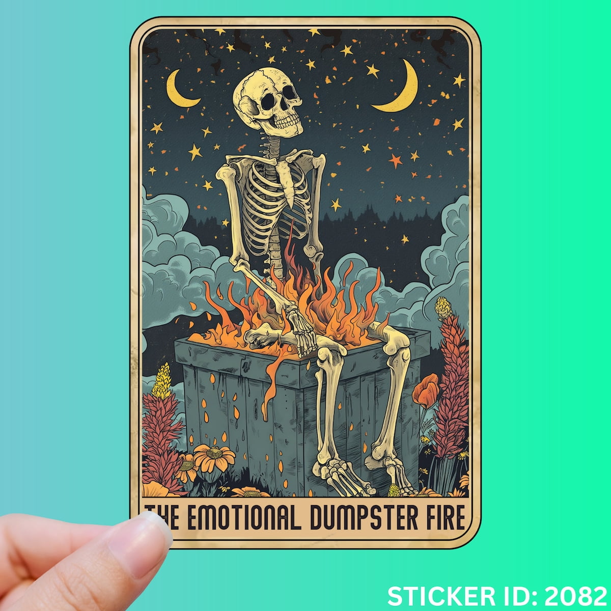 Maneki The Emotional Dumpster Fire Tarot Card Sticker, Skeleton Sticker ...