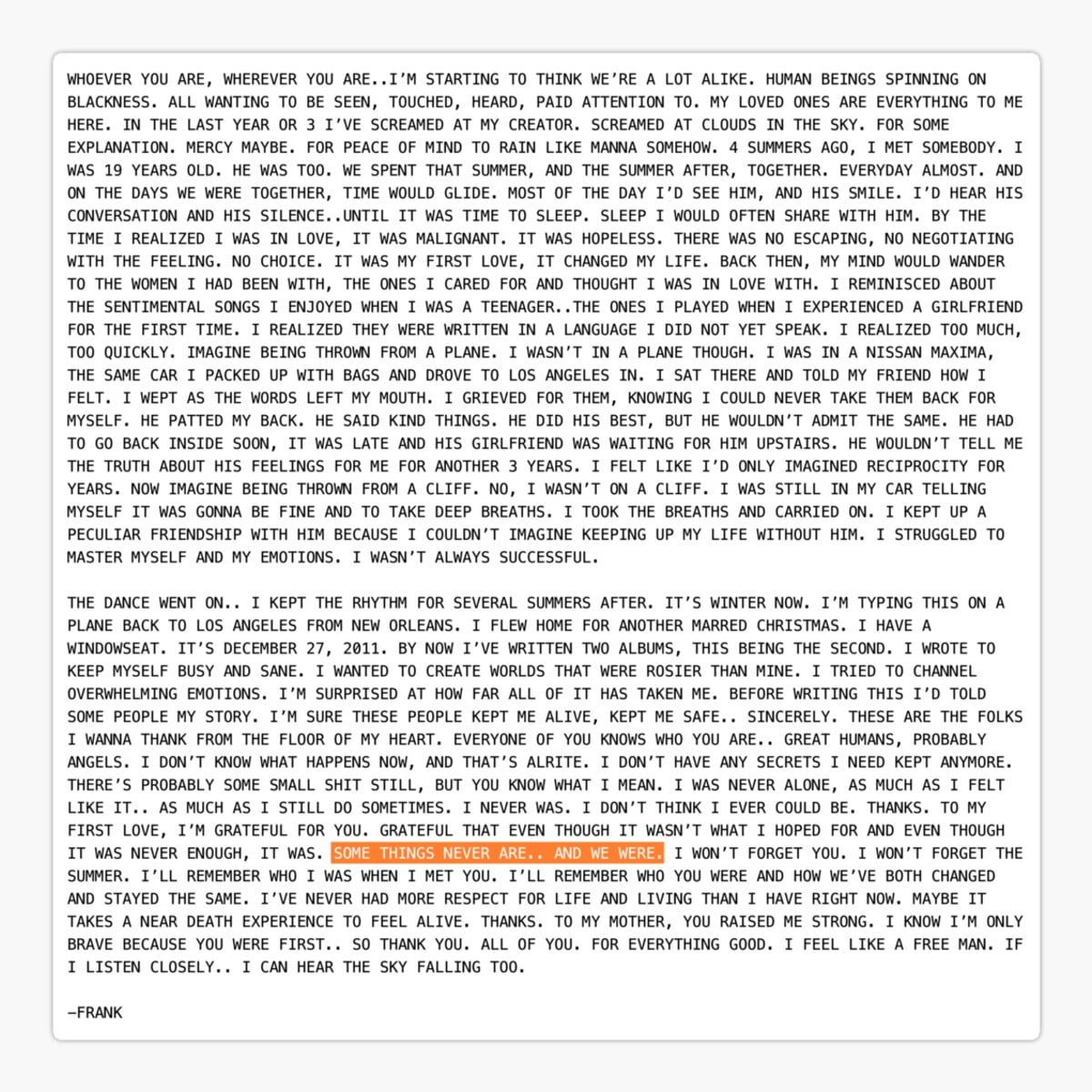 Maneki Frank Ocean'S Open Letter Sticker, Phone Decal Water Bottle ...