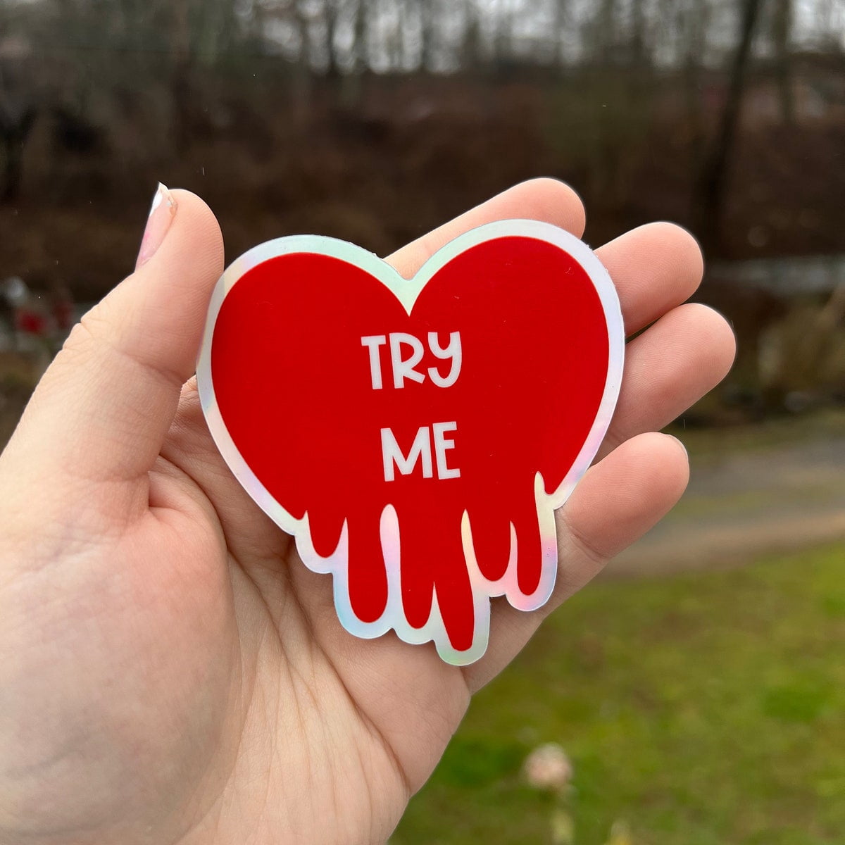 Maneki Funny Holographic Try Me Valentine’S Day Heart Sticker, , Gift ...