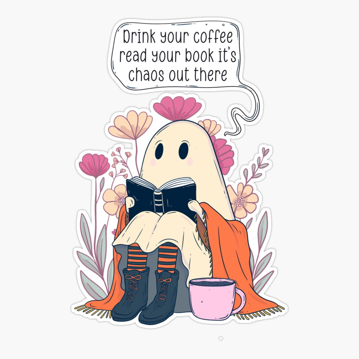 Maneki Ghost Reading Book With Coee: Embrace The Chaos Sticker, Phone ...